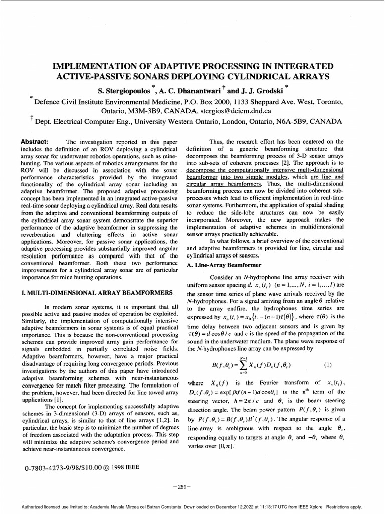 Implementation of Adaptive Processing in Integrated Active-Passive Sonars Deploying Cylindrical ...