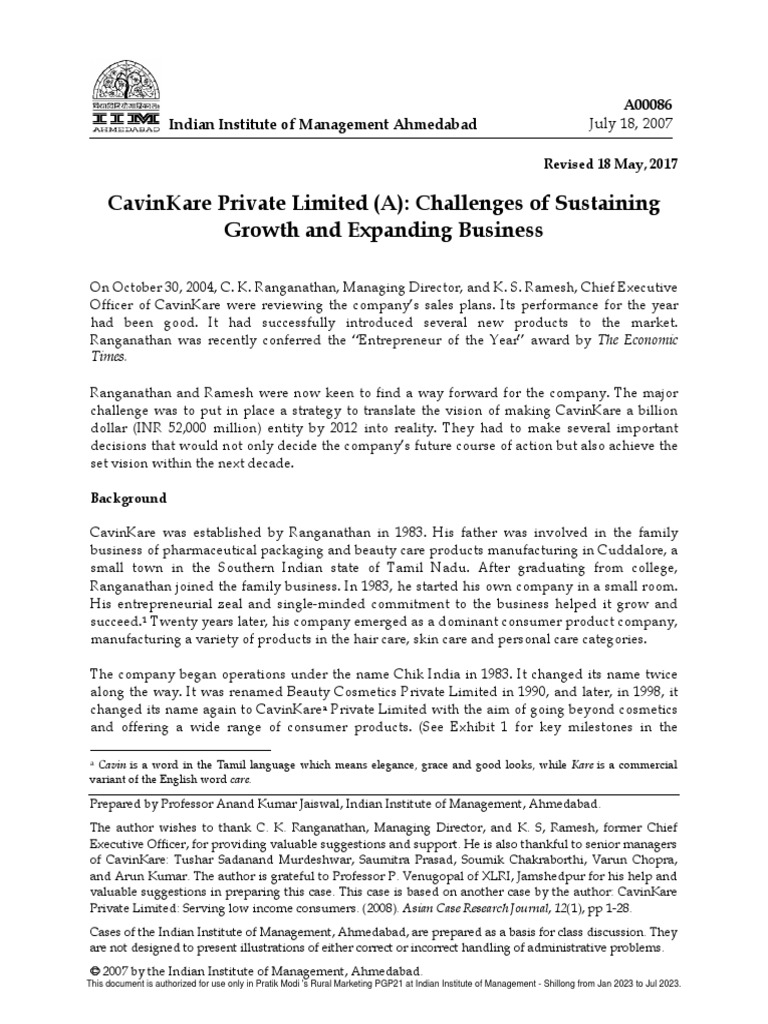CavinKare Private Limited (A) Challenges of Sustaining Growth and ...