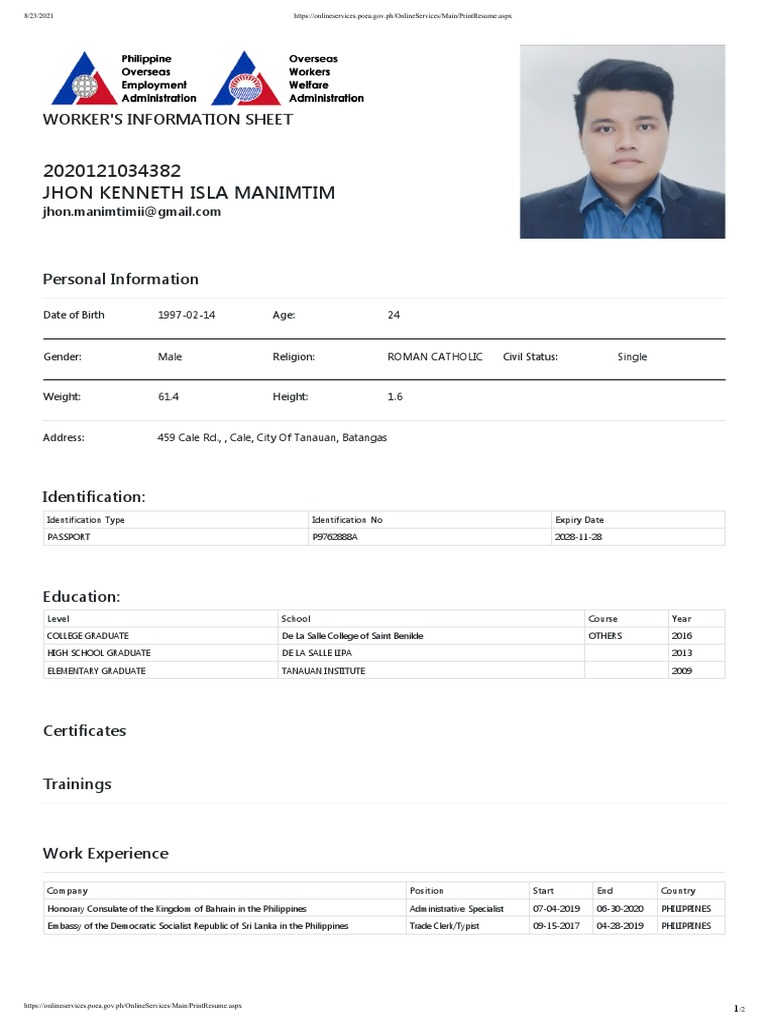 POEA E-Registration Sample Resume | PDF