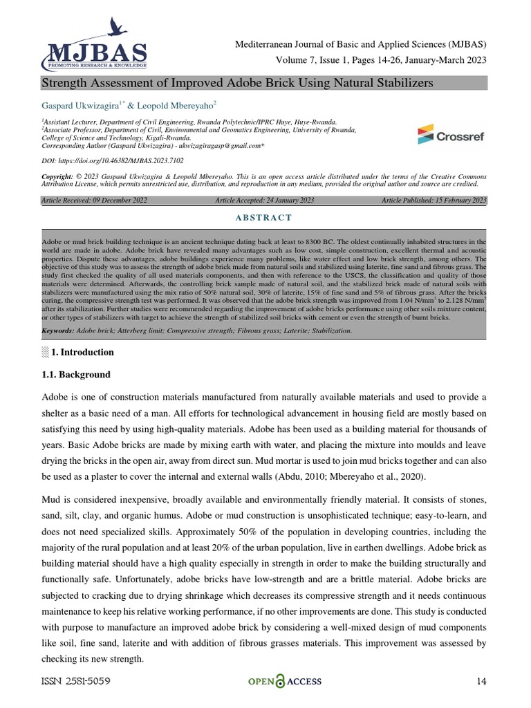 Strength Assessment of Improved Adobe Brick Using Natural Stabilizers ...