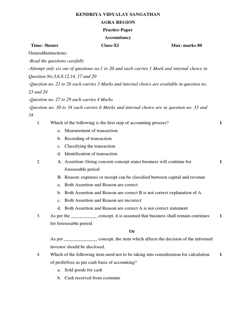 Accounting Practice Paper for Class XI Students Focuses on Key Concepts Like the Accounting ...