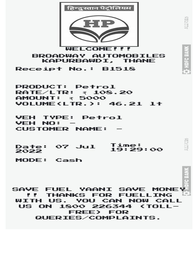 Fuel Receipt for Petrol Buyers | PDF | Finance & Money Management