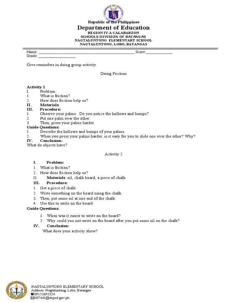 Friction Activities for Elementary Students | PDF | Friction | Wear