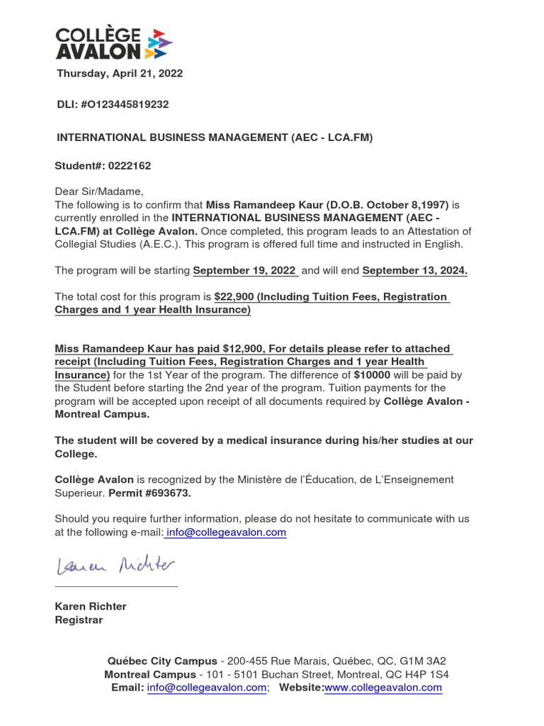 Letter of Acceptance RamandeepKaur AVL-58992202 | PDF | Services ...