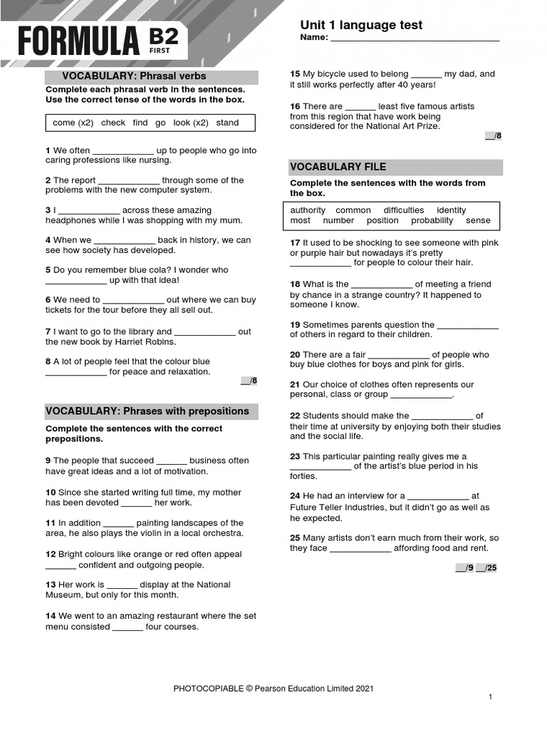 Formula B2 Unit 1 Test | PDF | Linguistics | Grammar