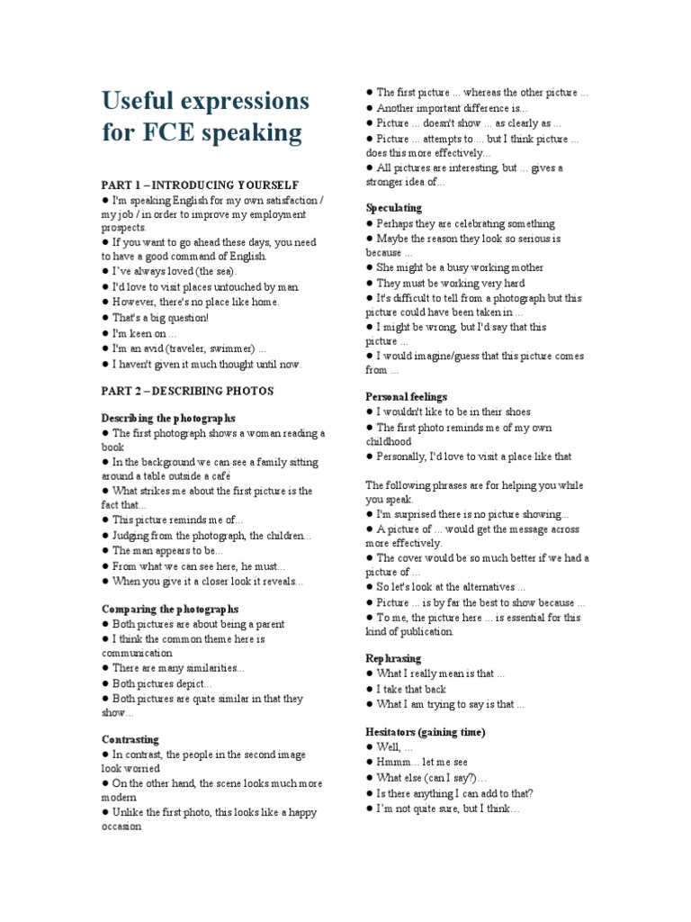 Useful Expressions For FCE Speaking | PDF