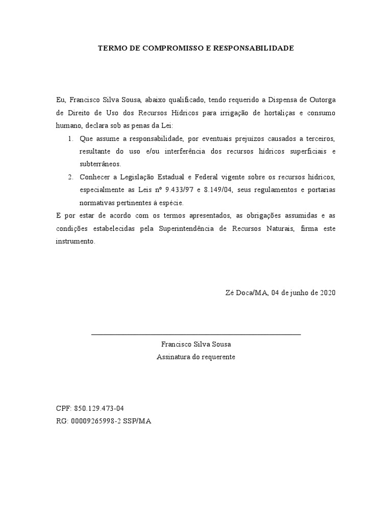 Termo de Compromisso e Responsabilidade | PDF