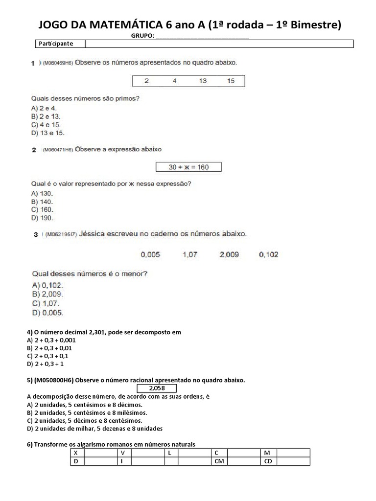 JOGO DA MATEMÁTICA 6 Ano A 1 BIM - 1 Rodada | PDF