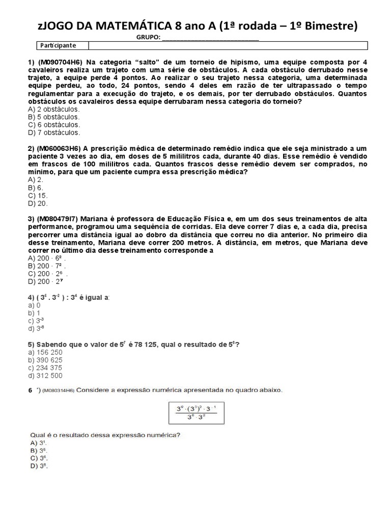 JOGO DA MATEMÁTICA 8 Ano A 1 BIM - 1 Rodada | PDF