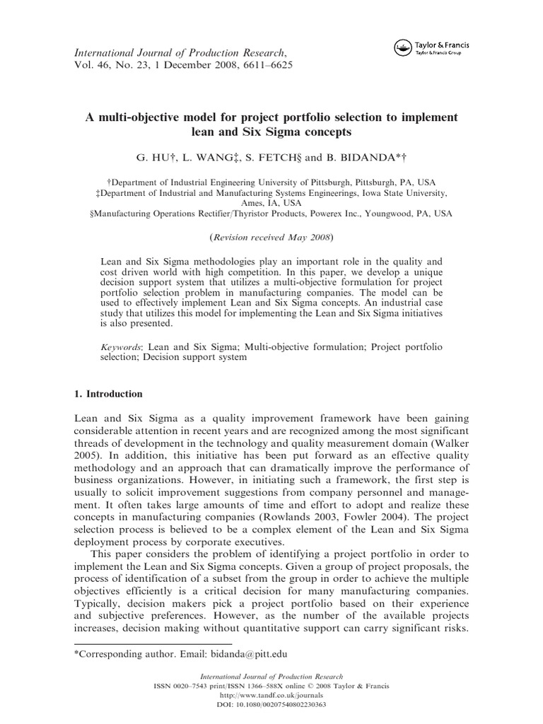 A Multi-Objective Model For Project Portfolio Selection To Implement | PDF