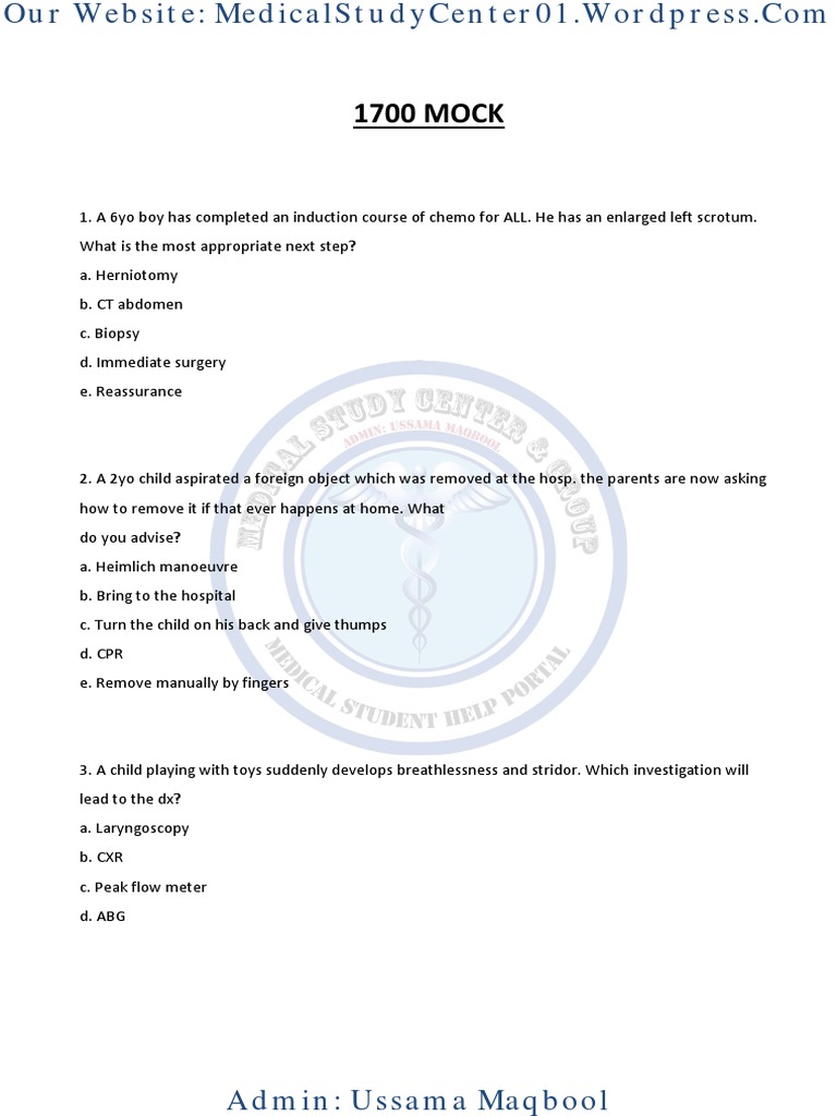 Mock-1 For Plab-1 From 1700 (Shared by Ussama Maqbool) | PDF | Medicine ...