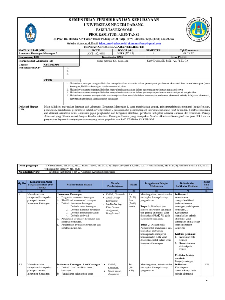 Rencana Pembelajaran Semester Akuntansi Keuangan Menengah 2 di Program ...