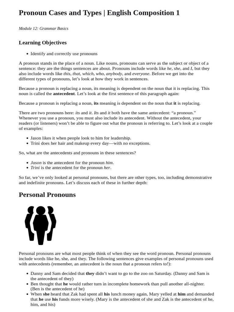 Pronoun Cases and Types English Composition 1 | PDF | Pronoun ...