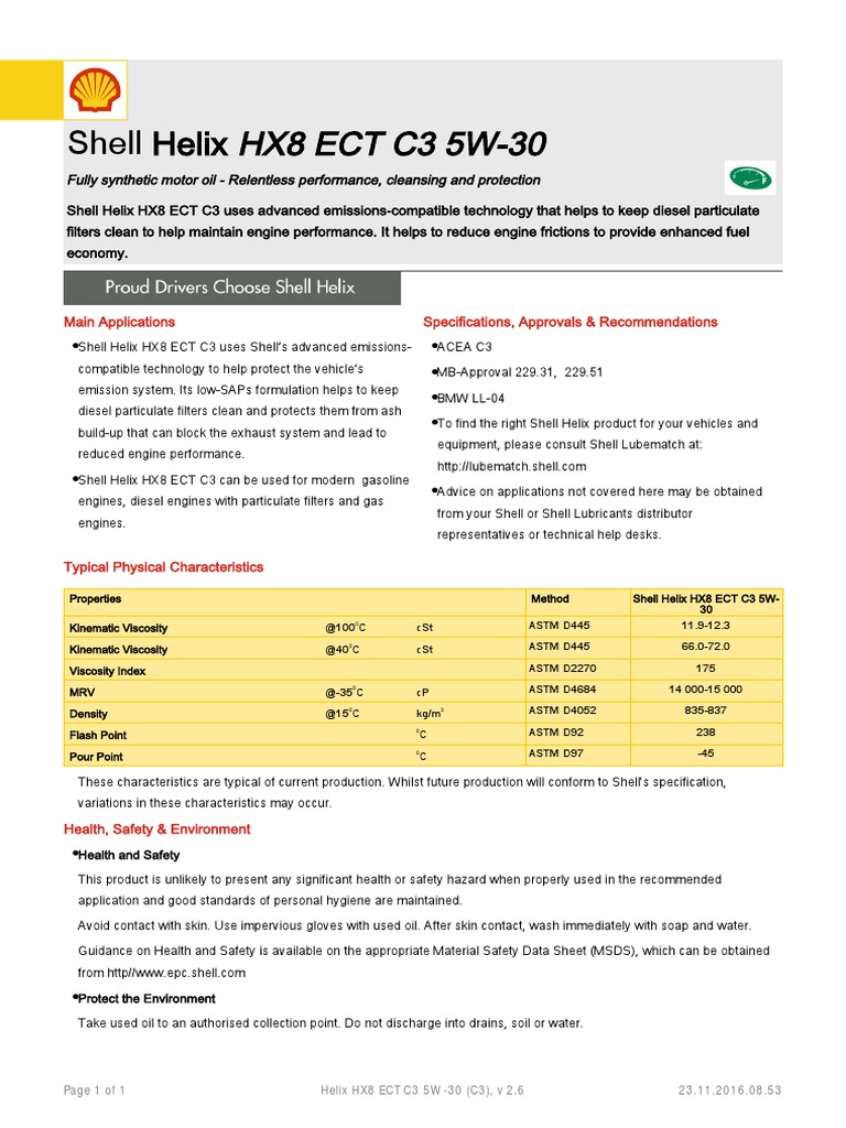 Shell Helix HX8 ECT C3 5W-30: Main Applications Specifications ...