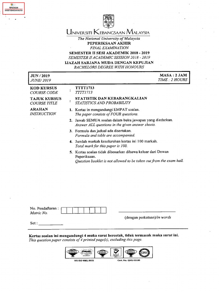 Pyq2019 - 2020 TT1713 | PDF | P Value | Statistical Hypothesis Testing Pyq2019 - 2020 TT1713 | PDF | P Value | Statistical Hypothesis Testing