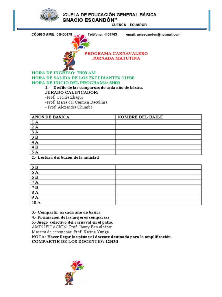 Programa Carnavalero Escuela Ignacio Escandón | PDF | Ciencias sociales ...