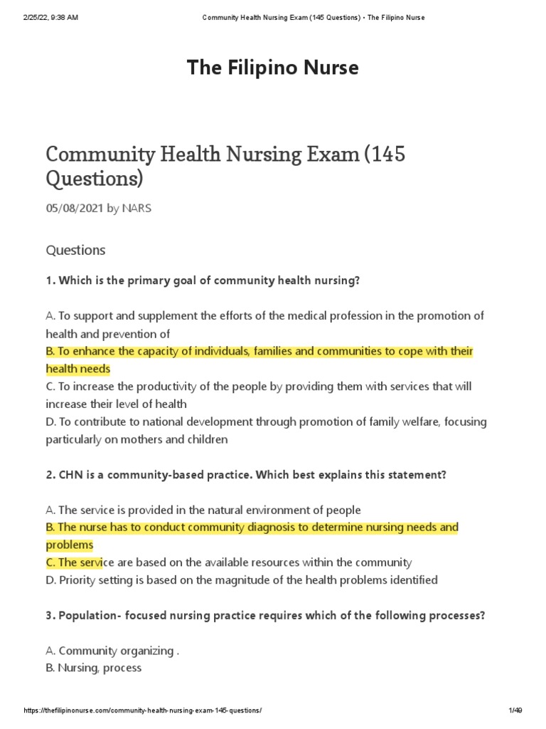 Community Health Nursing Exam 145 Questions The Filipino Nurse PDF ...