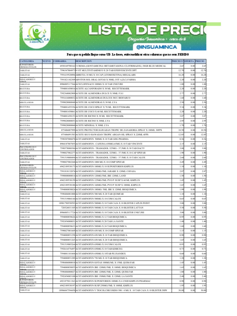 Lista de Precios Insuaminca 23-02-23 Actualizada | PDF | Compuestos ...