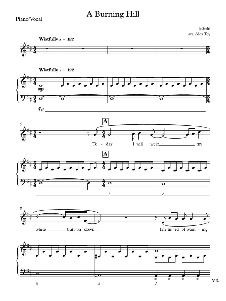 A Burning Hill (Piano - Vocal) - Score and Parts, Arr. Alex Tey | PDF