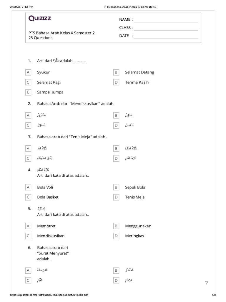 PTS Bahasa Arab Kelas X Semester 2 | PDF