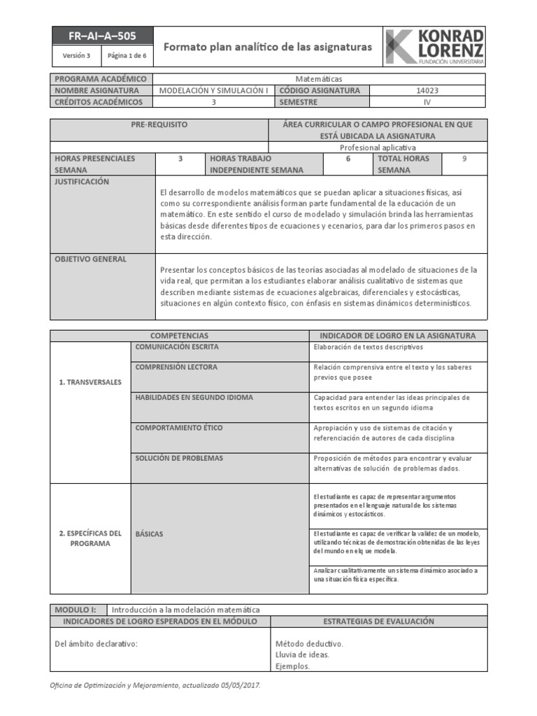 Plan Analítico Modelacion y Simulación I-2023I | PDF | Simulación | Análisis