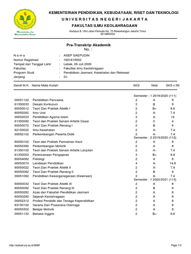 Transkrip Akademik Asep Saepudin UNJ | PDF