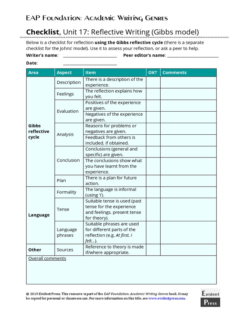 Reflective Writing Checklist Gibbs | PDF | Experience | Grammatical Tense