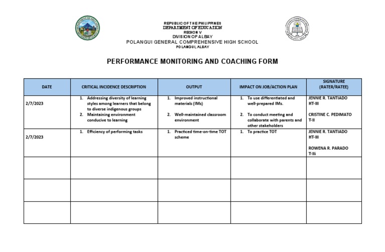 Performance Monitoring and Coaching Form PMCF | PDF