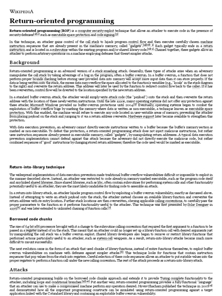 Return Oriented Programming | PDF | Computers