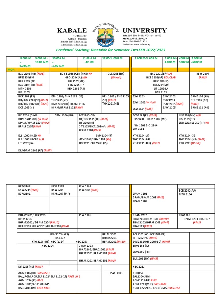 Combined Teaching Timetable for Semester Two FEB 2022/2023 | PDF
