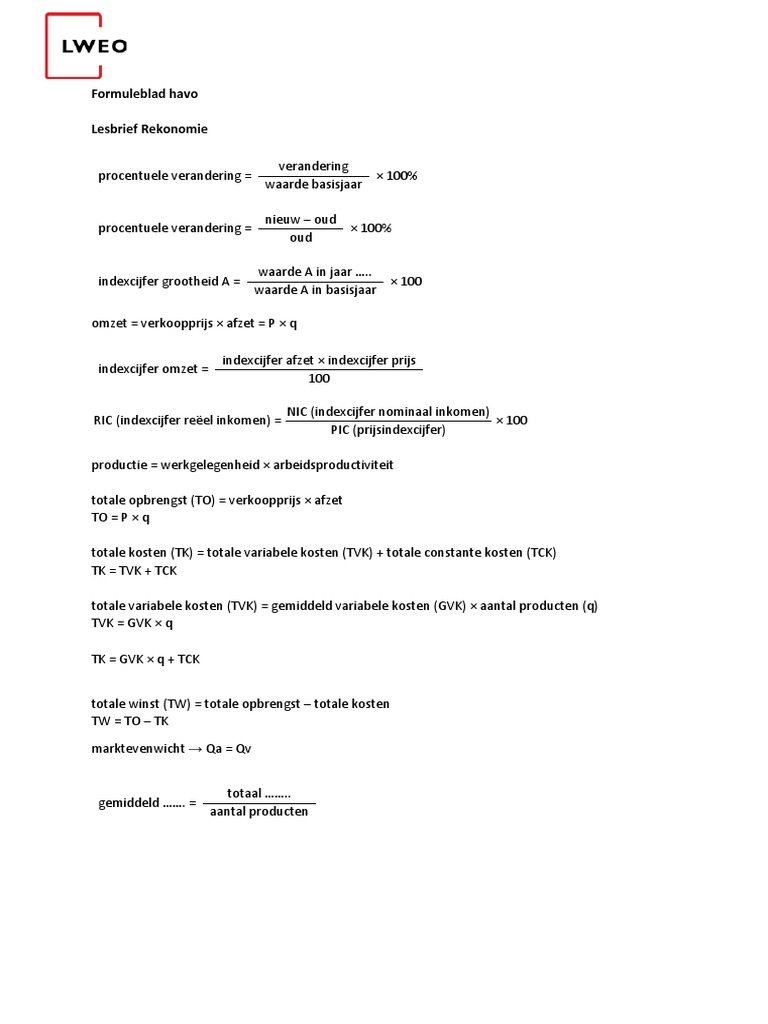 Formuleblad LWEO Havo | PDF