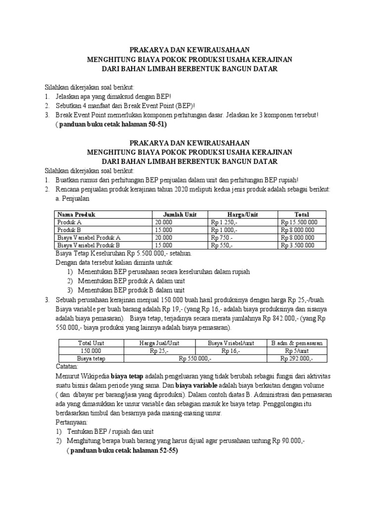 Soal BEP | PDF | Bisnis | Pengelolaan Keuangan & Uang