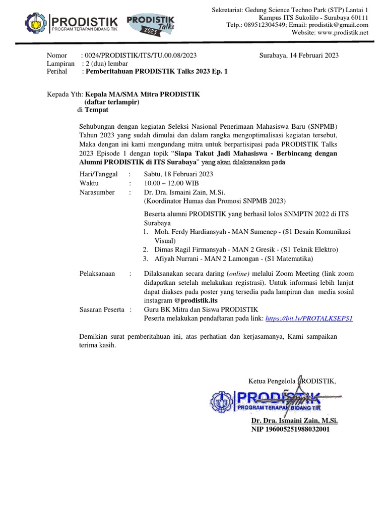 0024 - Surat Undangan Prodistik Talks 2023 Ep.1 | PDF