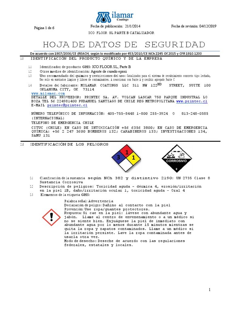 Hoja de Datos de Seguridad ICO FLOOR SL B | PDF | Amoníaco | Combustión