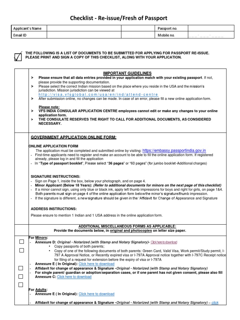Indian Passport Reissue Document Checklist | PDF | Notary Public ...