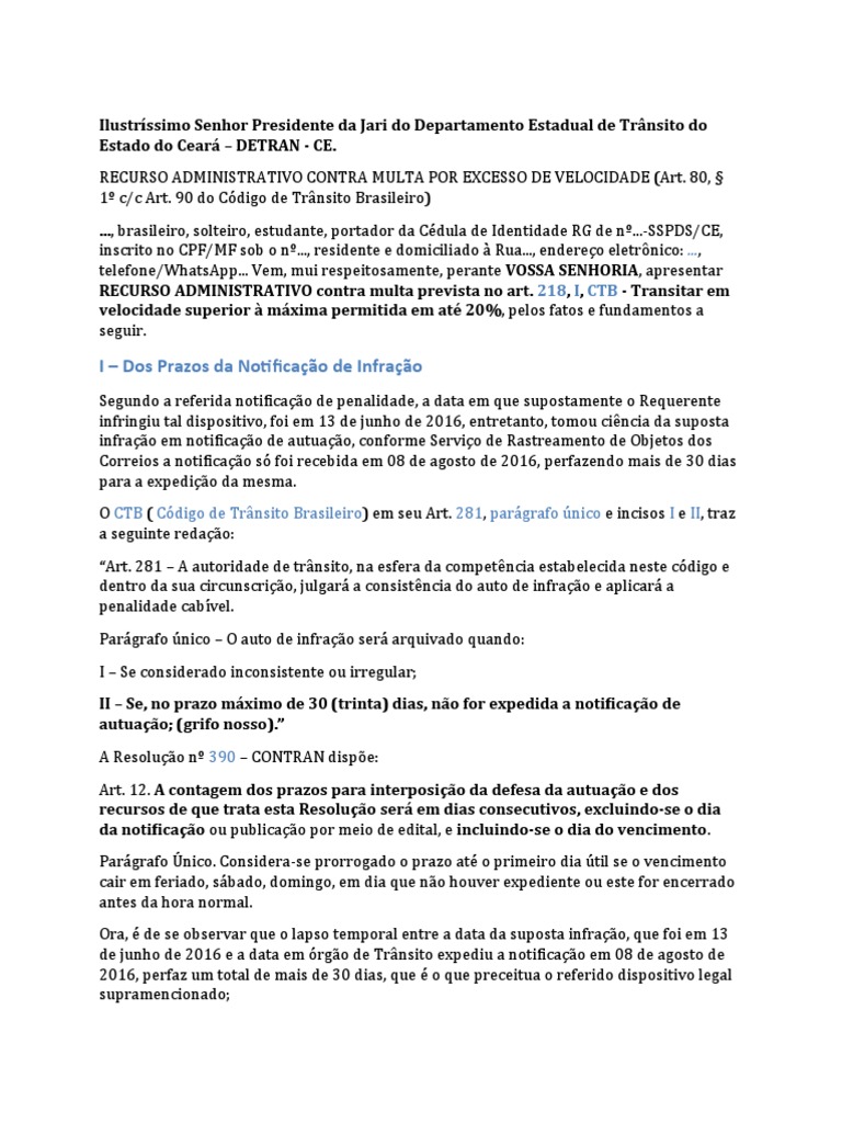 Modelo Recurso Administrativo Contra Multa Por Excesso de Velocidade ... Modelo Recurso Administrativo Contra Multa Por Excesso de Velocidade ...