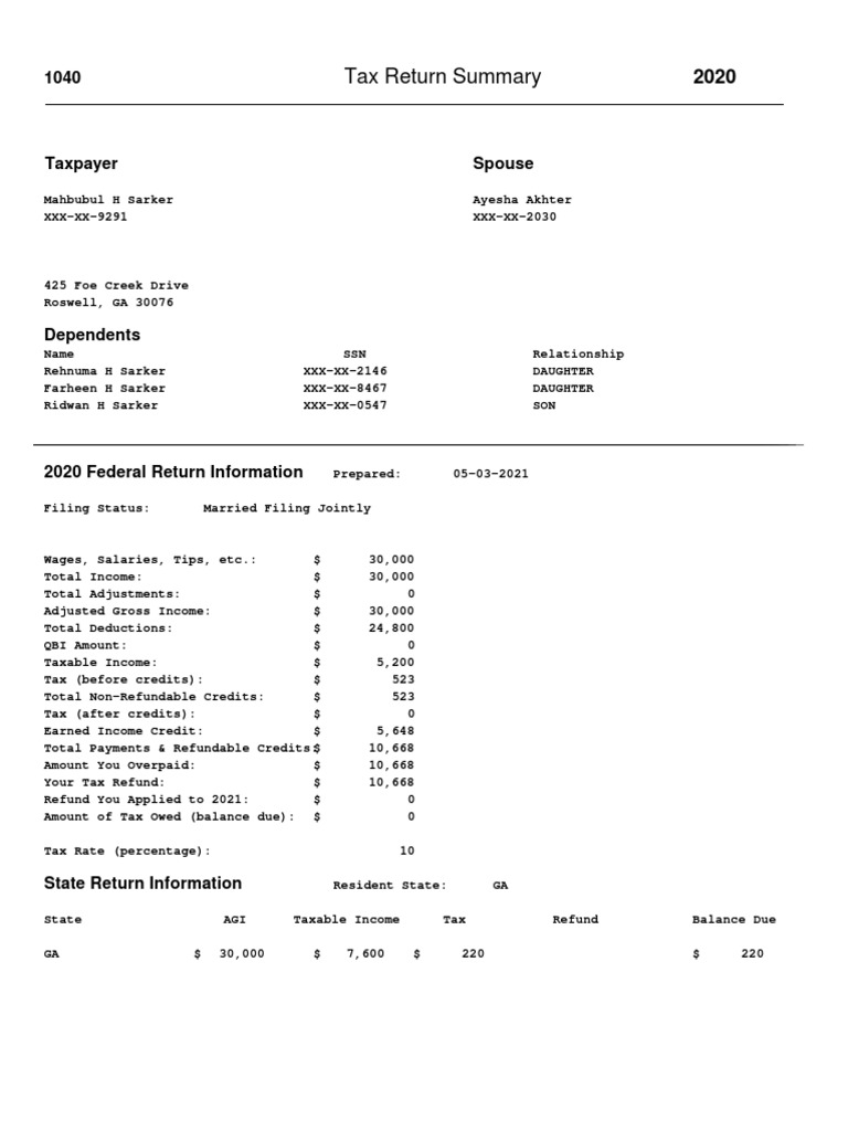 2020 Tax Return Summary for Sarker Family | PDF | Tax Refund | Tax ...