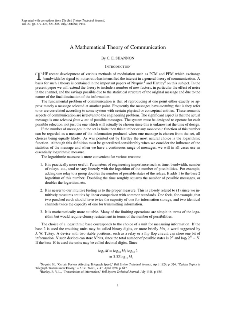 A Mathematical Theory of Communication | PDF | Teaching Mathematics ...