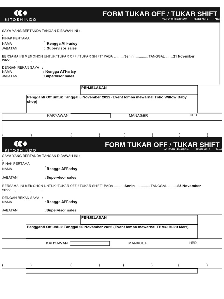 Form Tukar Off | PDF
