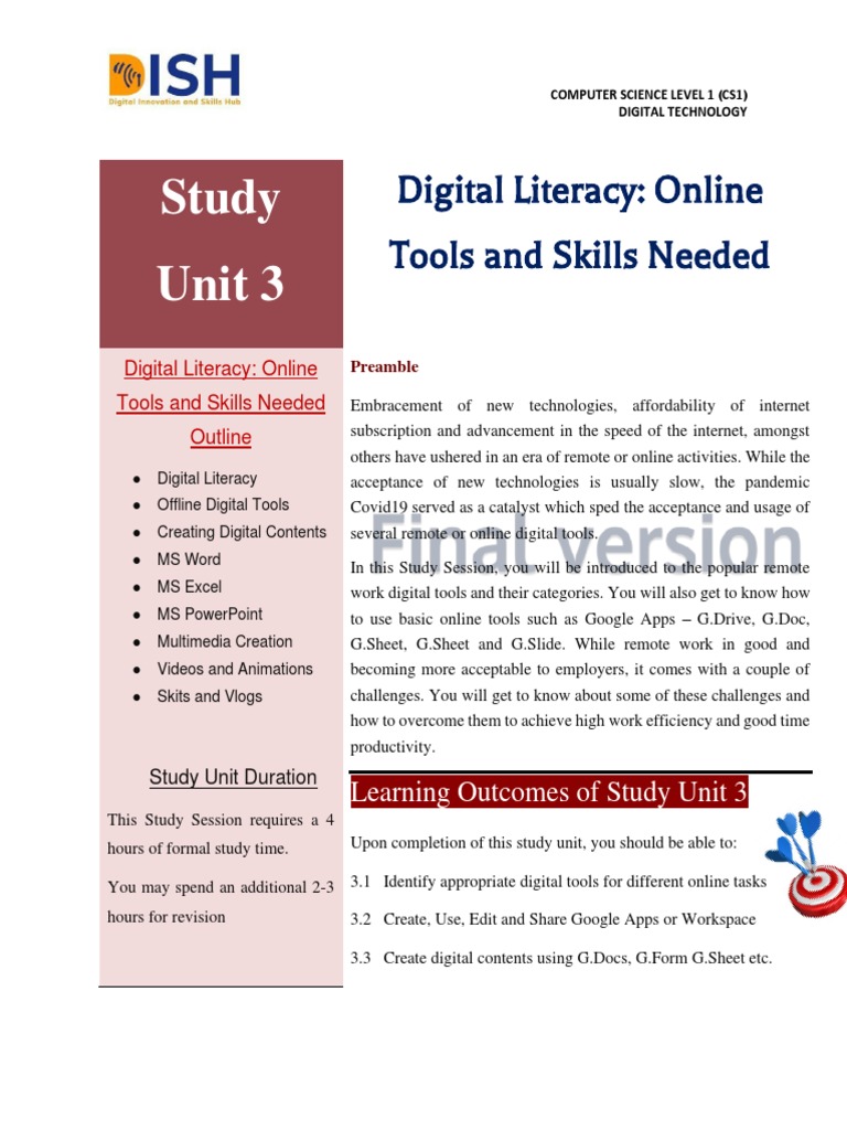 Study Unit 3 - Digital Literacy Online Tools and Skills Needed | PDF | Gmail | Spreadsheet