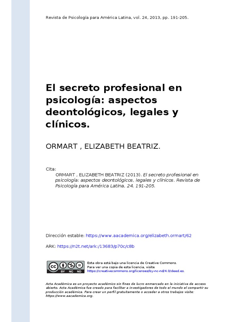 El Secreto Profesional en Psicología Aspectos Deontológicos, Legales y Clínicos | PDF ...