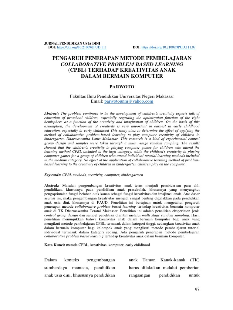 Pengaruh Penerapan Metode Pembelajaran (CPBL) Terhadap Kreativitas Anak Dalam Bermain Komputer ...
