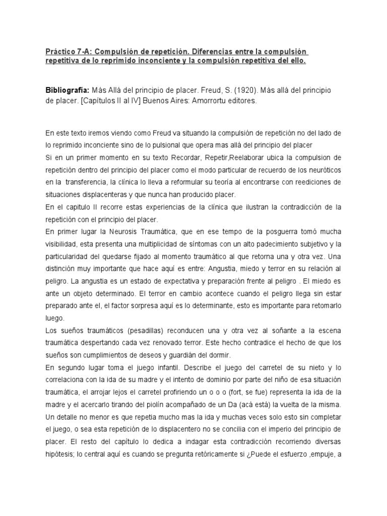 La compulsión de repetición más allá del principio de placer: Freud ...