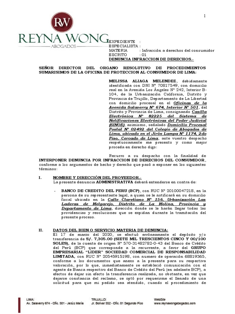 Denuncia Administrativa Indecopi | PDF | Protección al Consumidor ...
