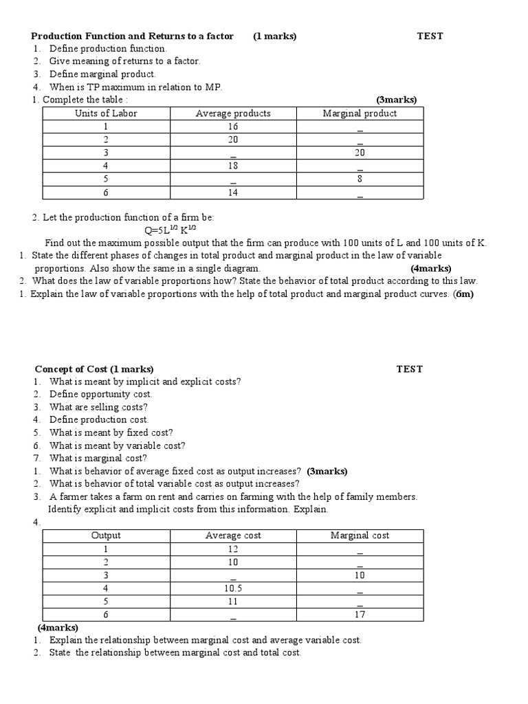 Production Function and Returns To A Factor Class 11 | PDF | Production Function | Marginal Cost
