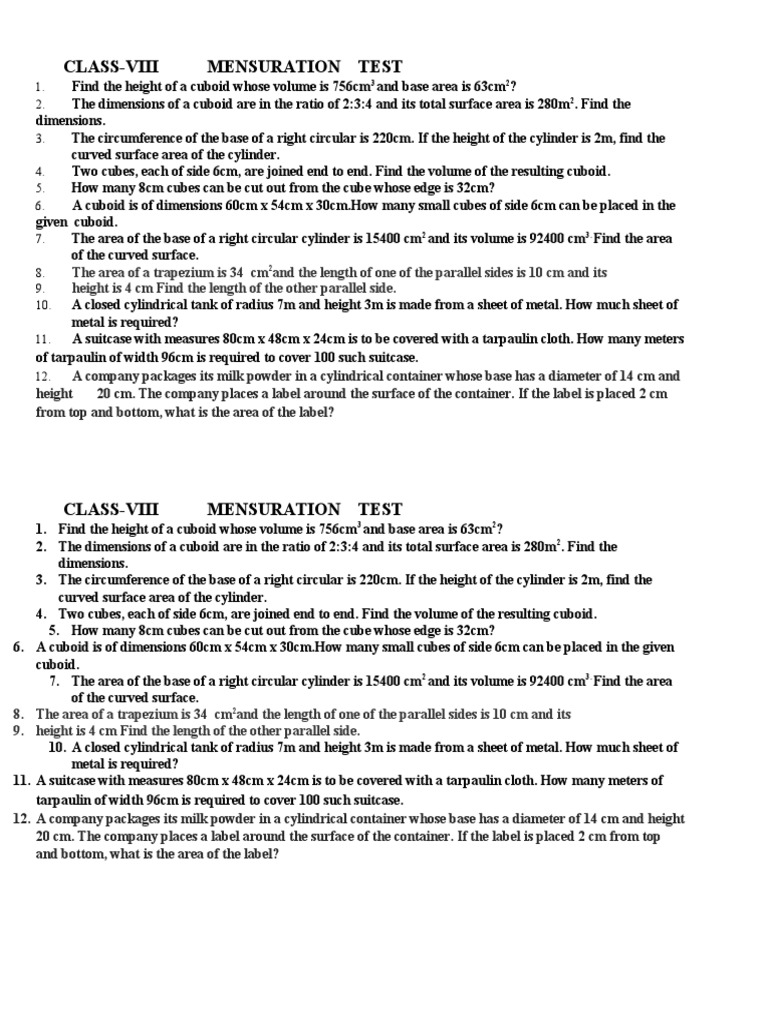 Class-Viii Mensuration Test | PDF | Area | Volume