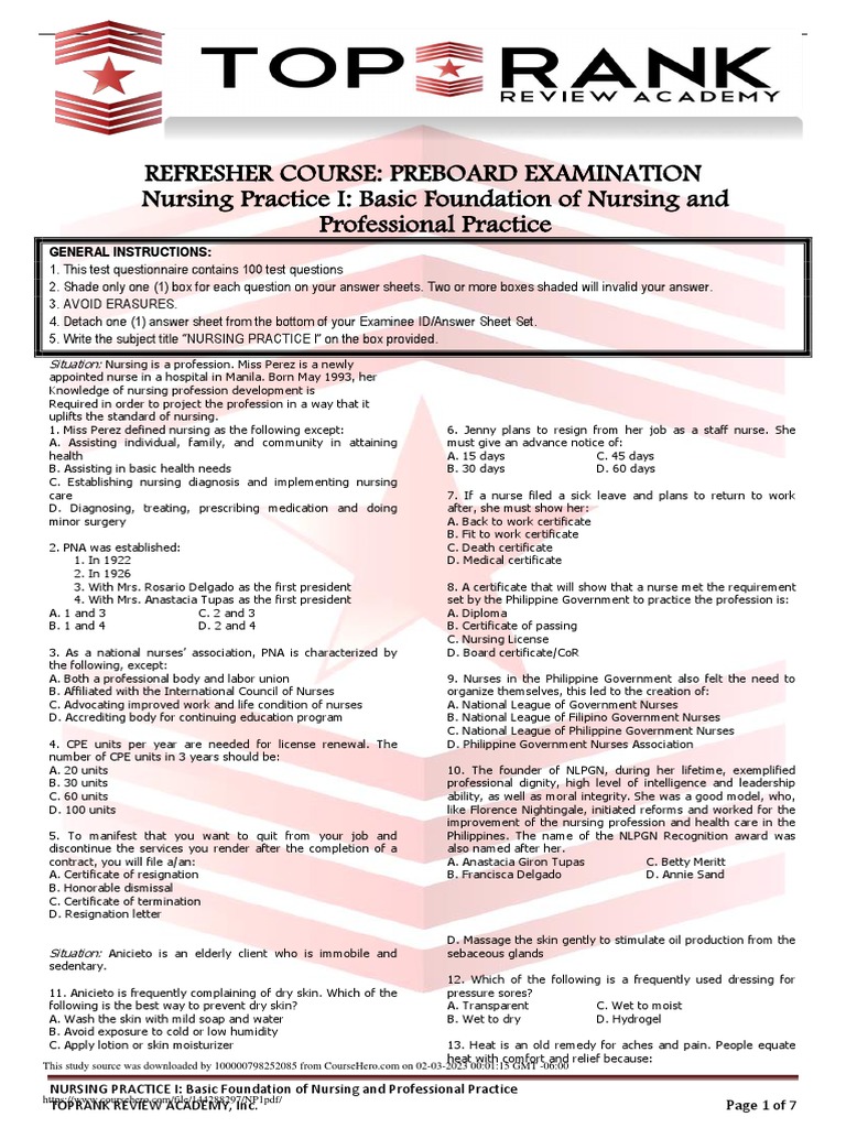 Refresher Course: Preboard Examination Nursing Practice I: Basic Foundation of Nursing and ...