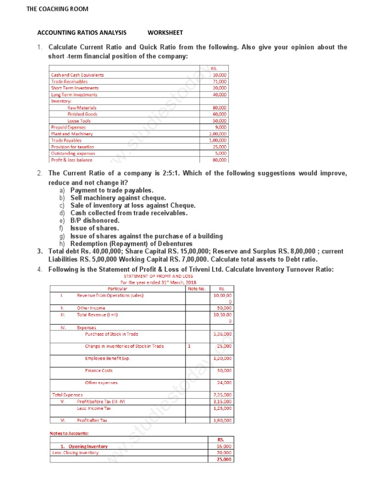 Accounting Ratios Analysis Worksheet | PDF | Revenue | Inventory