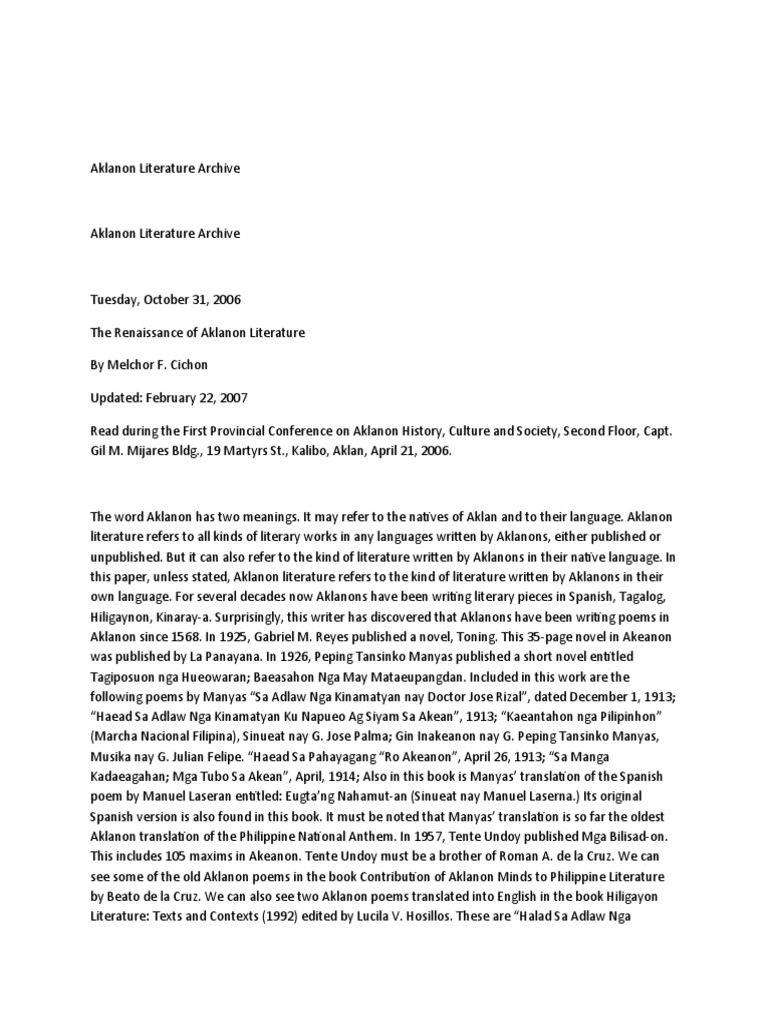 Aklanon Literature and Cultural Revival | PDF | Haiku | Poetry