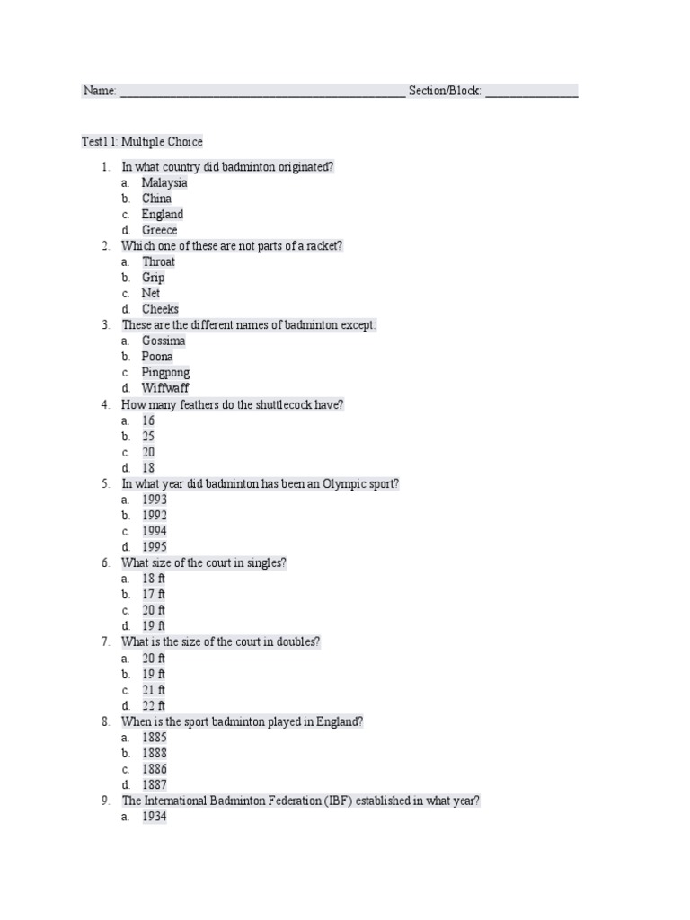 Long Quiz Badminton | PDF
